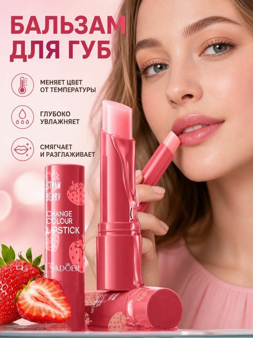 SADOER Клубничный согревающий бальзам для губ