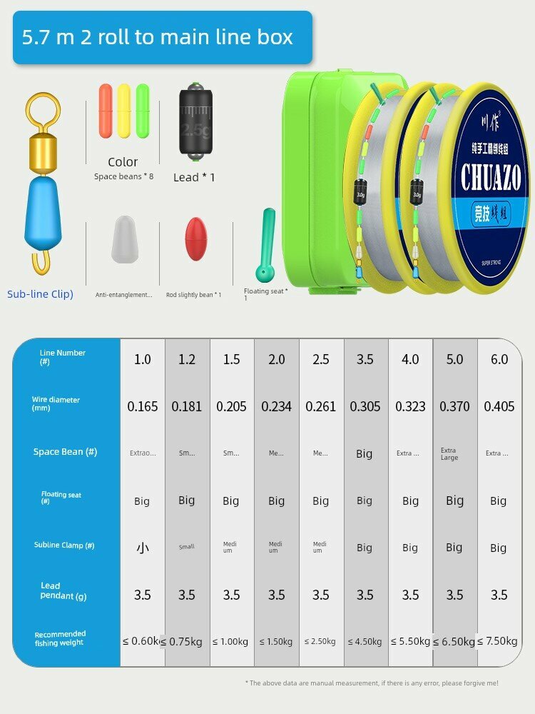 Комплект лески для рыбалки Color Bean 5.7м с светло-серой основной леской и быстрым креплением, 2 катушки с коробкой,