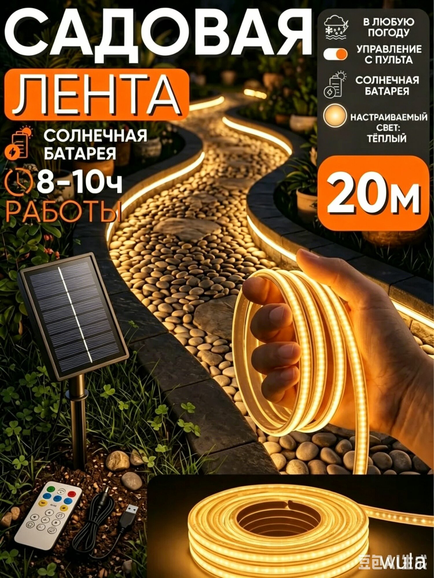 Электрогирлянда уличная Белт-лайт светодиодная 1200 ламп, 20 м, питание солнечная батарея, от порта usb, 1 шт
