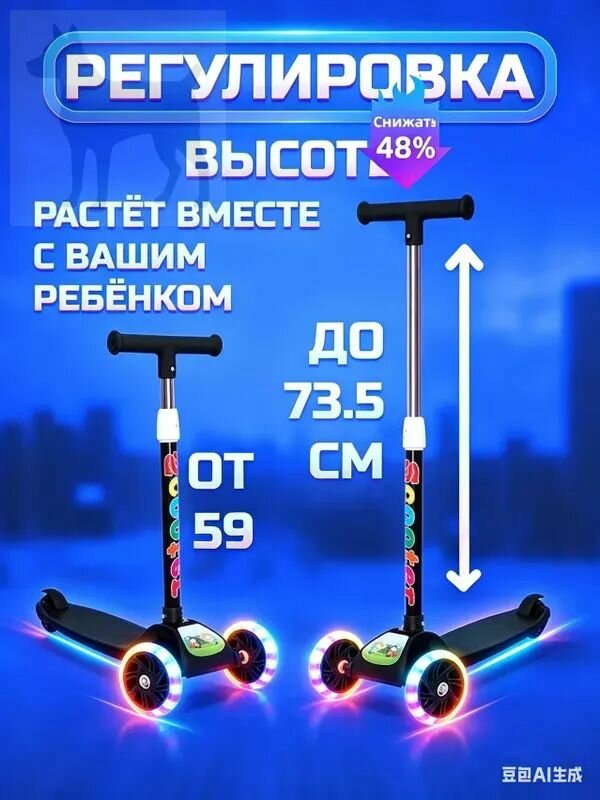 Самокат трехколесный, черный 3-колесный