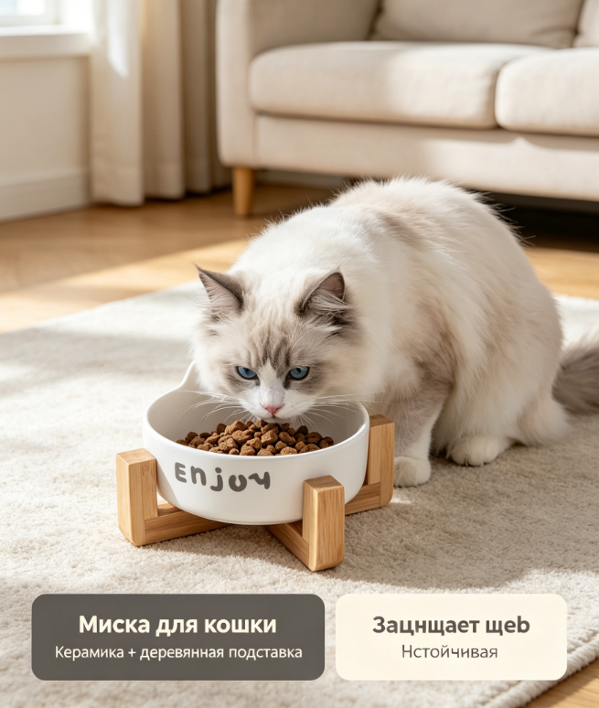 Керамическая миска для кошек с кошачьими ушками, отдельная миска, подставка из бамбука и дерева,