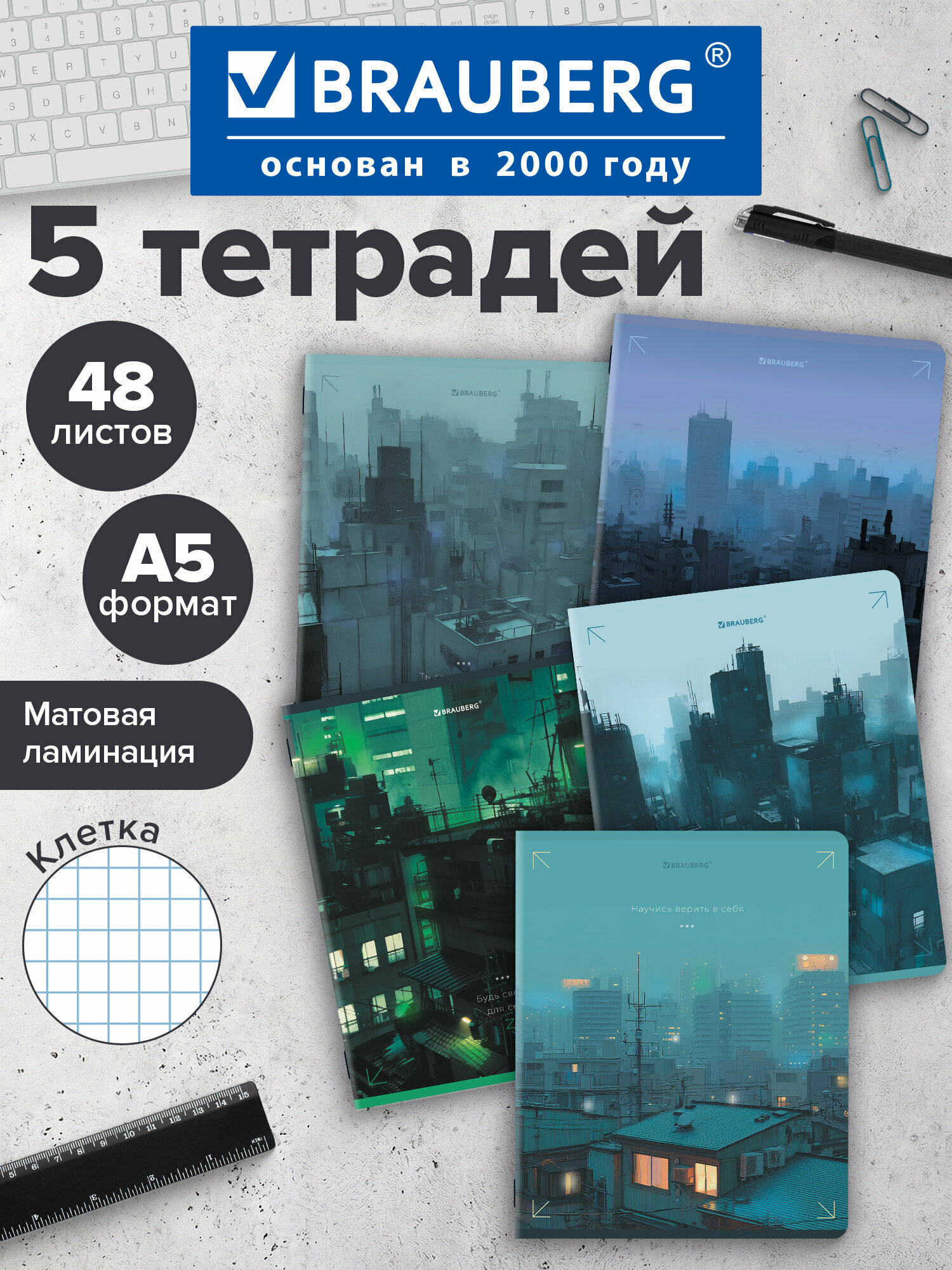 Тетрадь А5 в клетку 48 листов для записей в школу и офис, набор 5 штук, матовая обложка, Brauberg Крыши, 404941