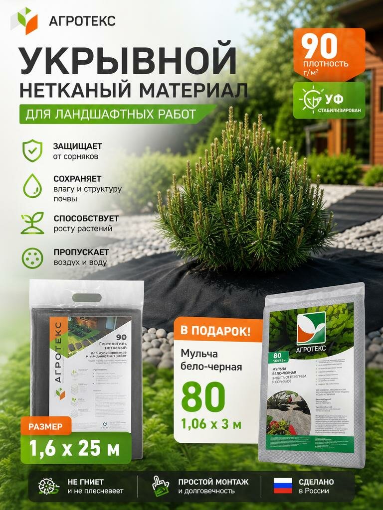 Укрывной нетканый материал для ланшафтных работ Агротекс Гео 90 УФ - 1.6x25м