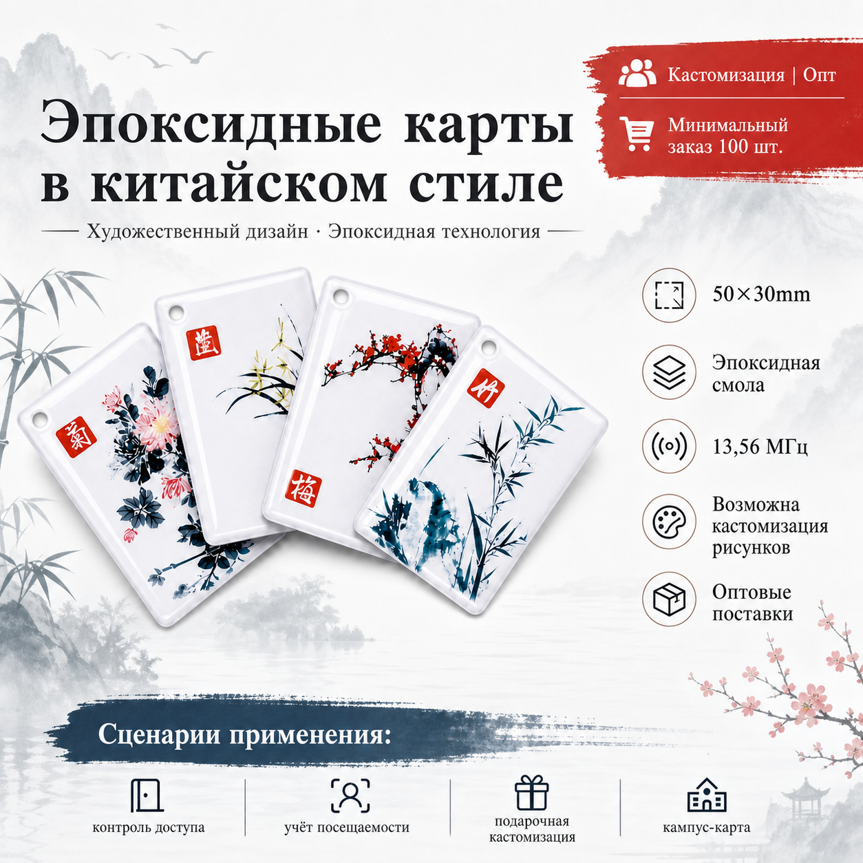 Индивидуальная(5 штук) RFID-карта с эпоксидным покрытием 13.56 МГц влагозащищенная, для систем контроля доступа и учета рабочего времени