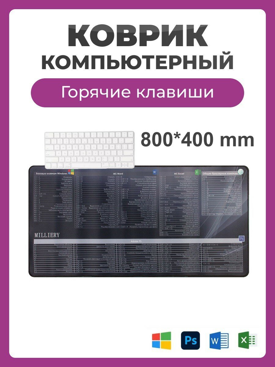 Коврик для мышки и клавиатуры большой Горячие клавиши, компьютерный коврик игровой 400*800, антискользящий, геймерский