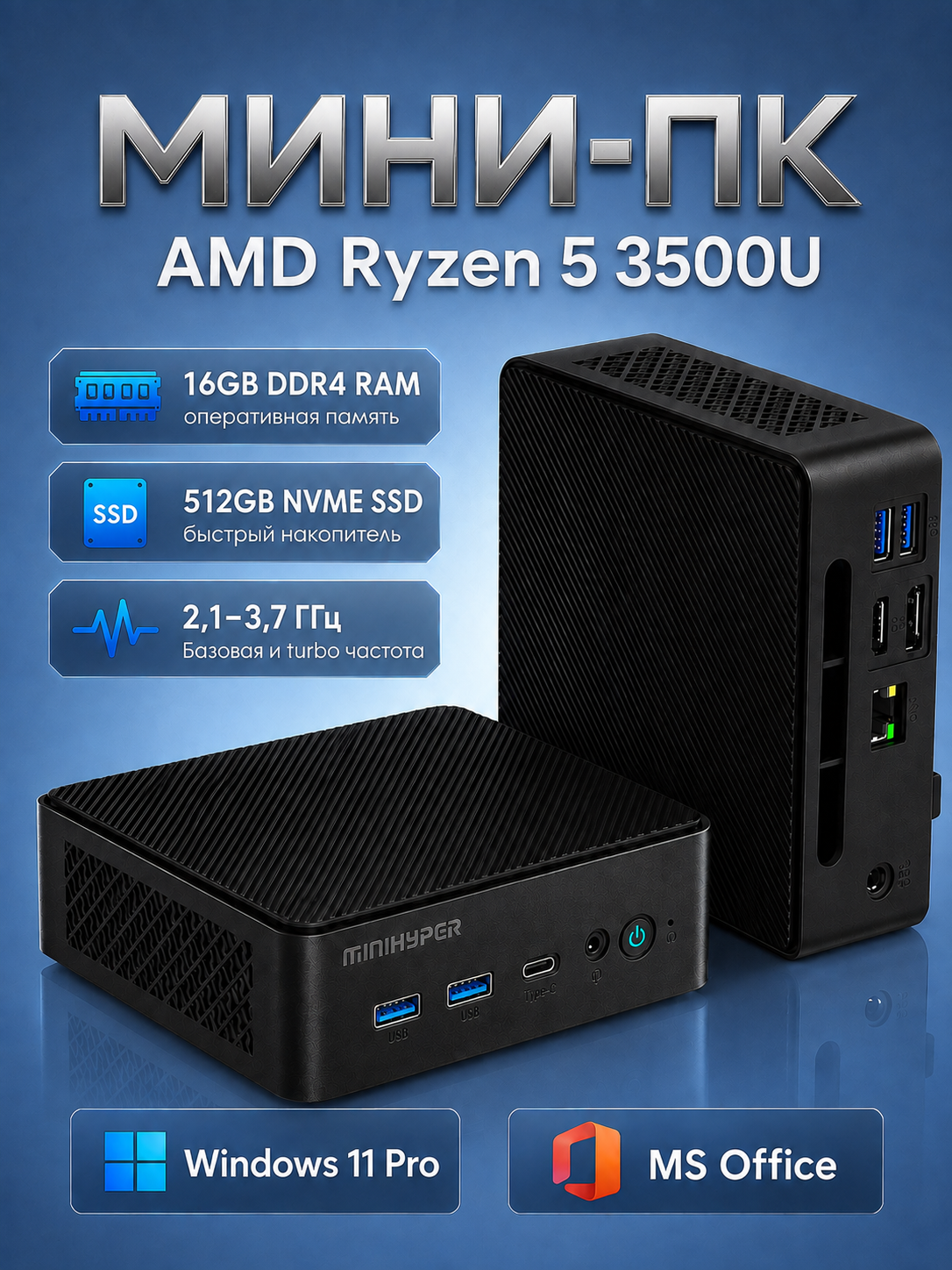 Мини-ПК AMD Ryzen 5, 16 ГБ ОЗУ, SSD 512 ГБ, 2 LAN, поддержка 3 экранов, Windows 11 Pro, для работы и дома