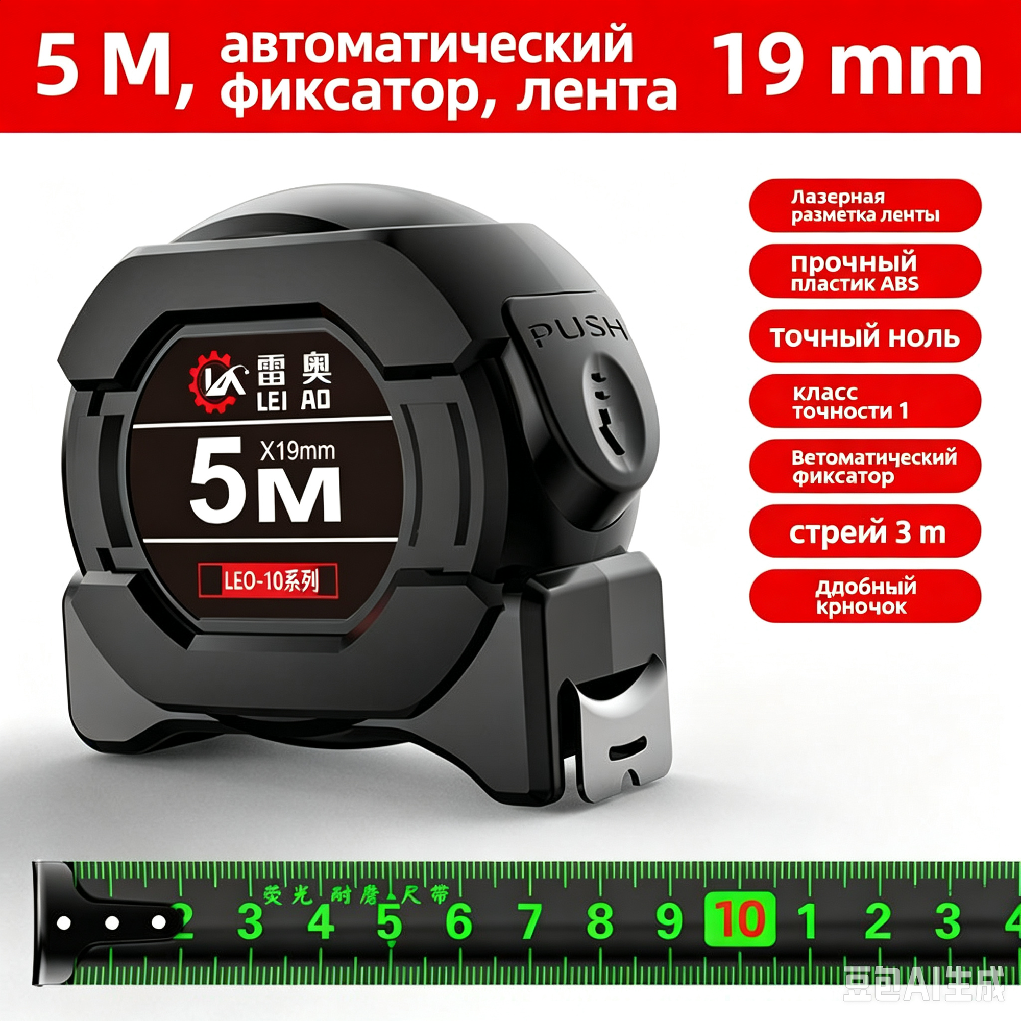 Рулетка стальная с флуоресцентной лентой, 5 м × 19 мм, автоматическая фиксация, корпус из ABS-пластика
