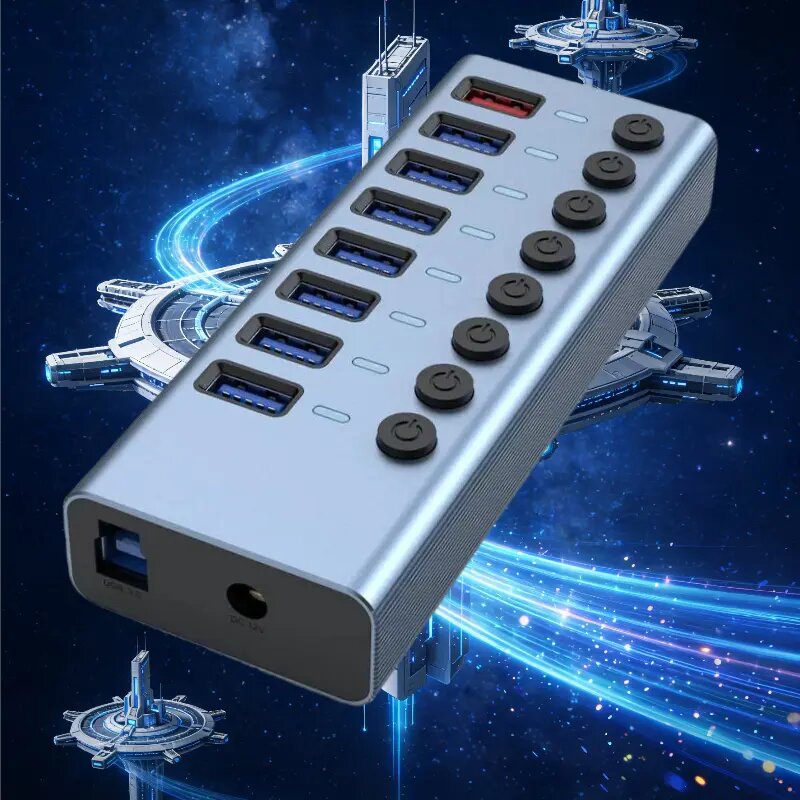 USB-разветвитель 10-в-1, 20 портов, с адаптером питания, алюминиевый корпус, серый
