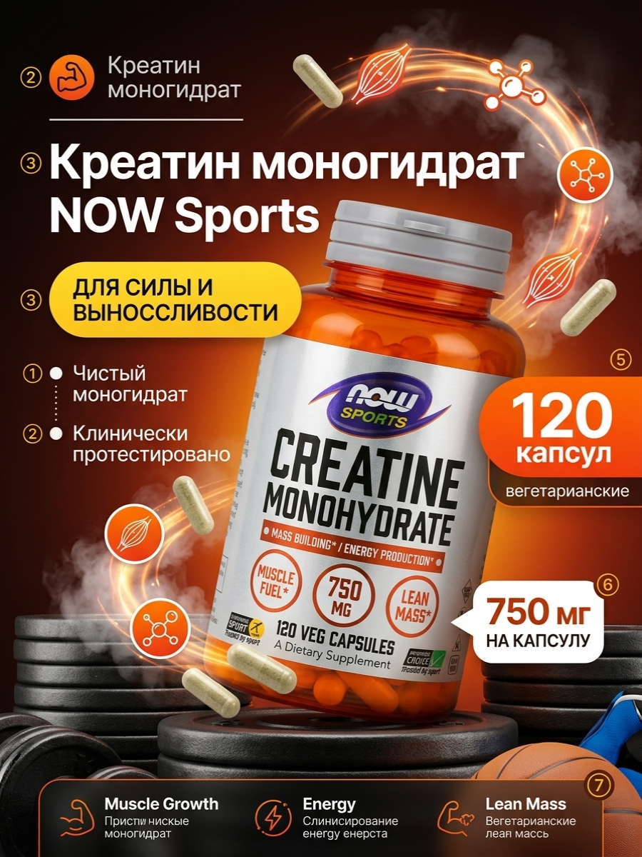 Креатиновые капсулы NOW Creatine, моногидрат, без вкуса, 120шт