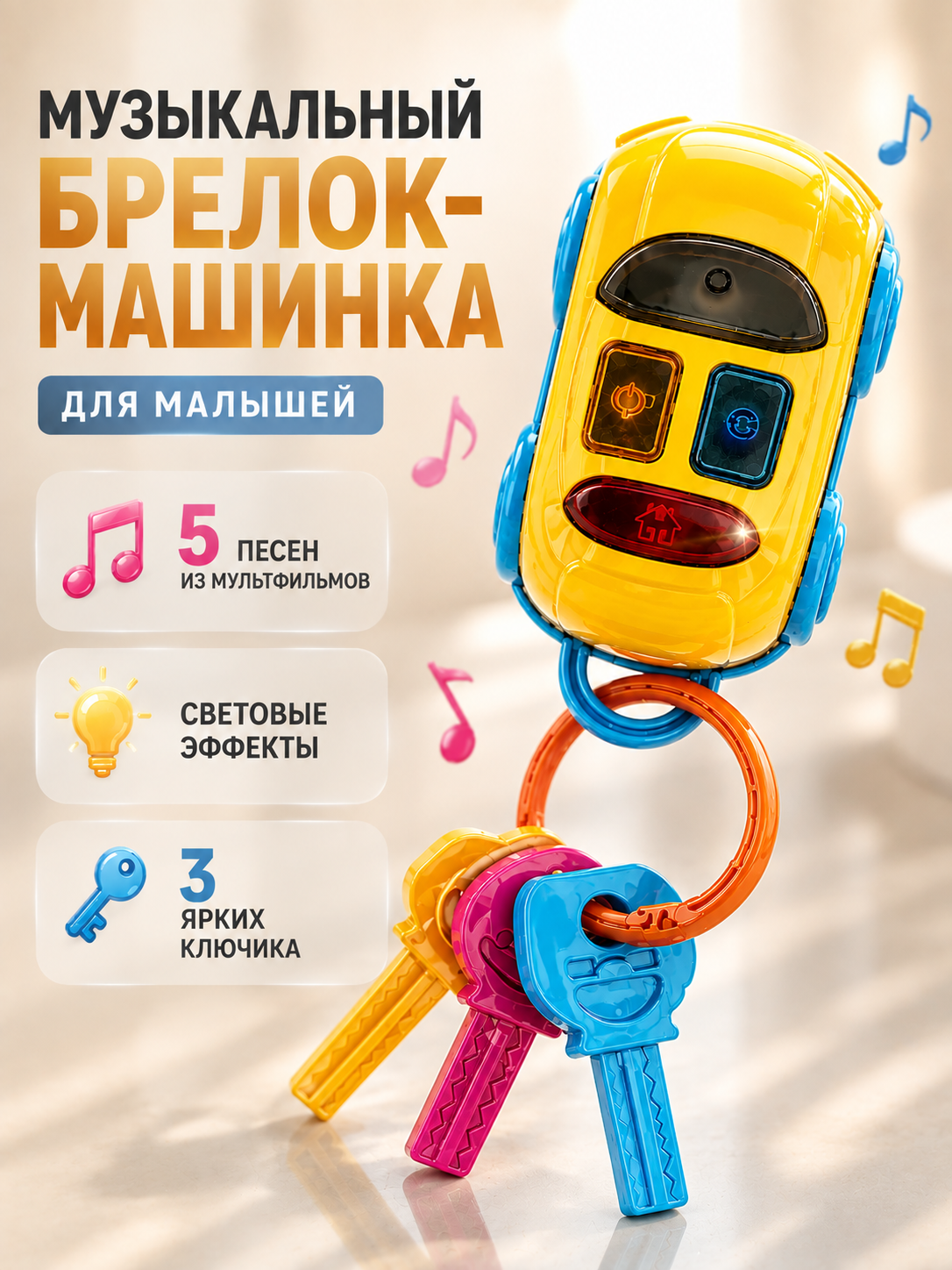 Музыкальная игрушка для малышей брелок-машинка 10,5 x 6 см