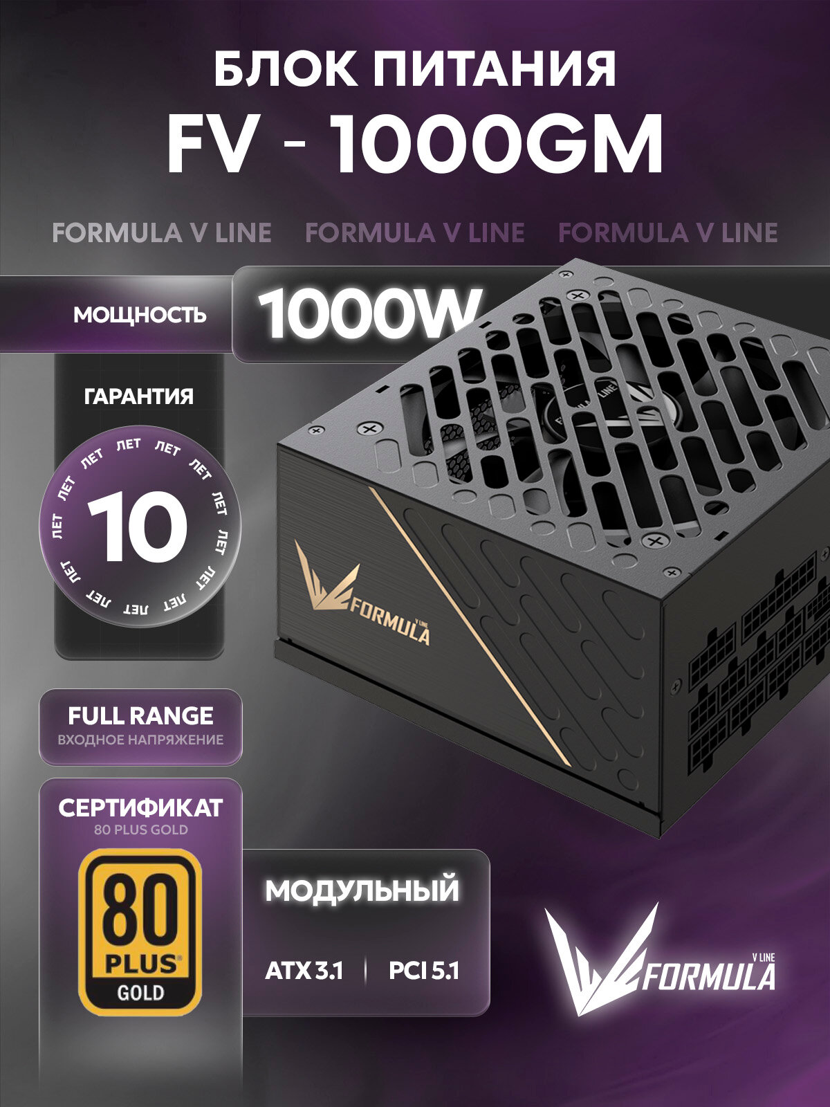 Блок питания для ПК 1000W Formula ATX FV-1000GM Gen.5 80+ gold (20+4pin) APFC 120mm fan 8xSATA Cab Manag RTL