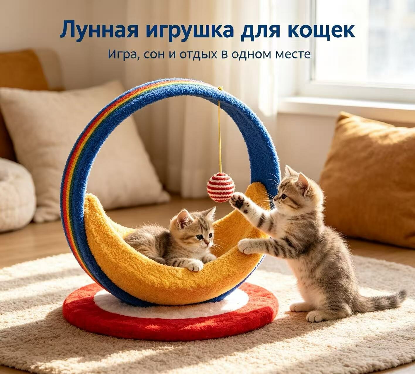 Лежанка‑когтеточка «Лунный корабль» для кошек, универсальная, для сна, игр и точения когтей, с подвесной игрушкой‑мячом