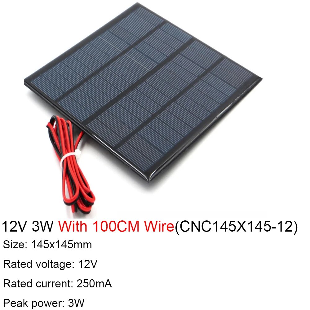 Солнечная панель 12V 3W 145x145мм с проводом 100см