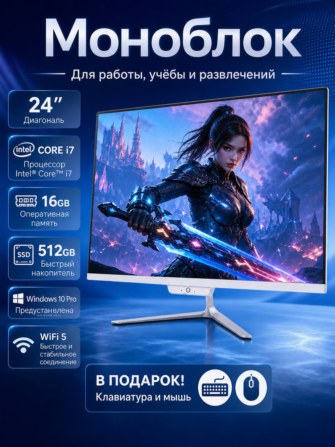 Моноблок 24 дюйма IPS FHD 1920×1080, Intel Core i7, ОЗУ 16 ГБ, SSD 512 ГБ, Windows 10 Pro