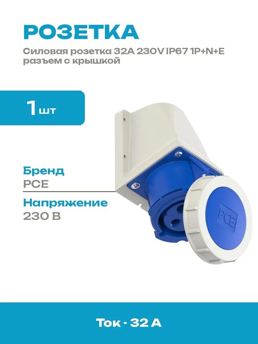 Силовая розетка 1P+N+E 32А 230V IP67 с крышкой и заземлением