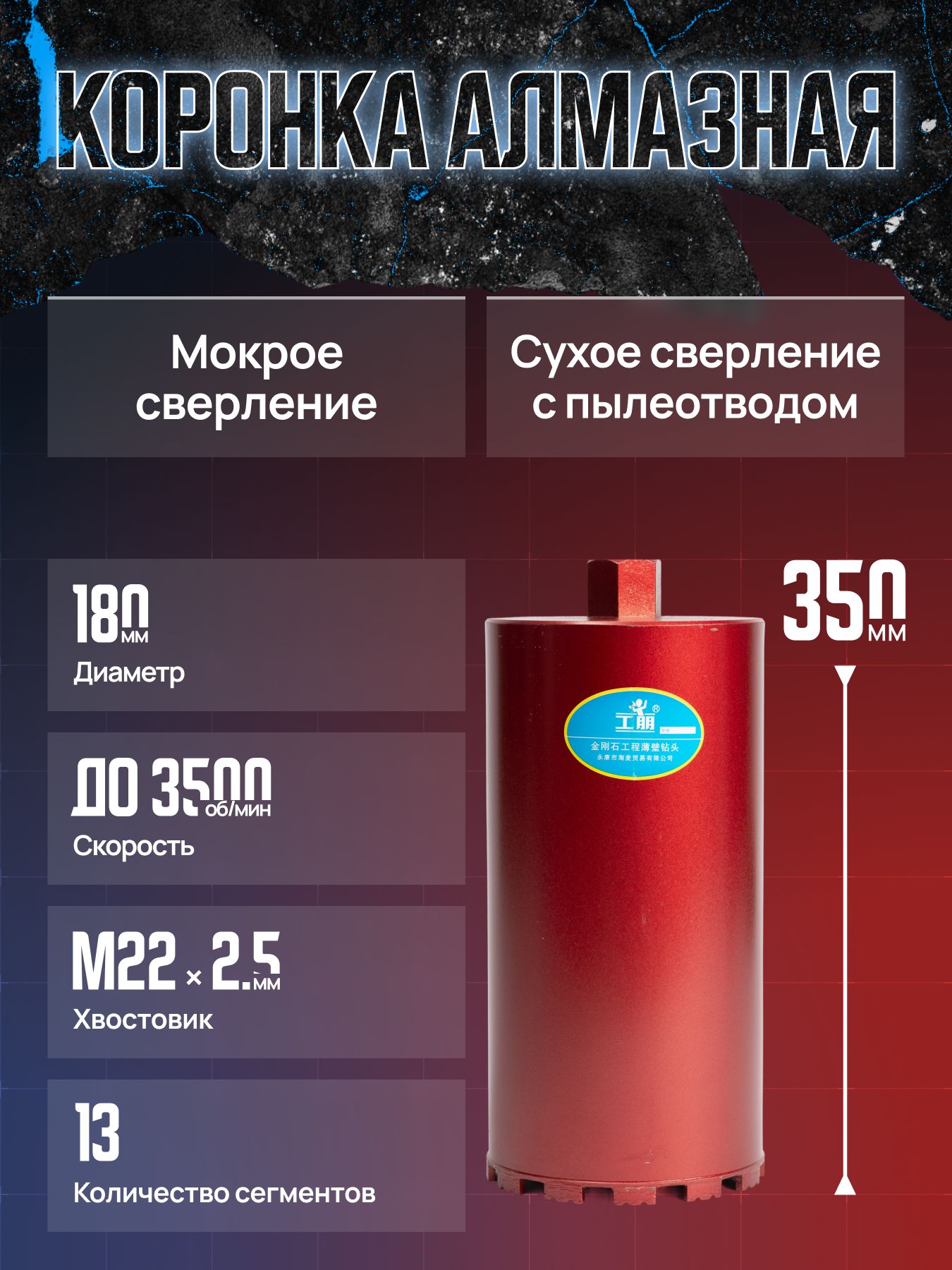Коронка по бетону мокрого алмазного сверления 180х350мм
