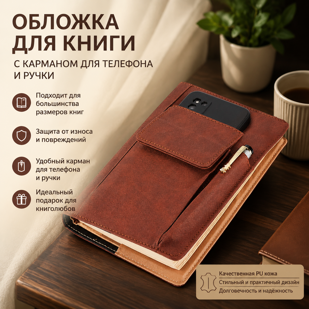 1 шт. Кожаная обложка для блокнота, прямоугольная, кокосово-коричневого цвета, 217 x 155 x 19 мм