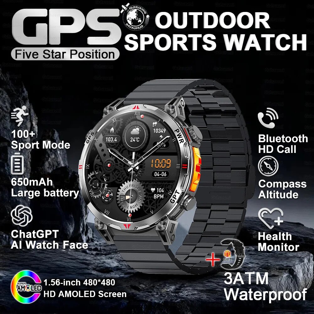 Мужские умные часы 2025 GPS Black Steel B