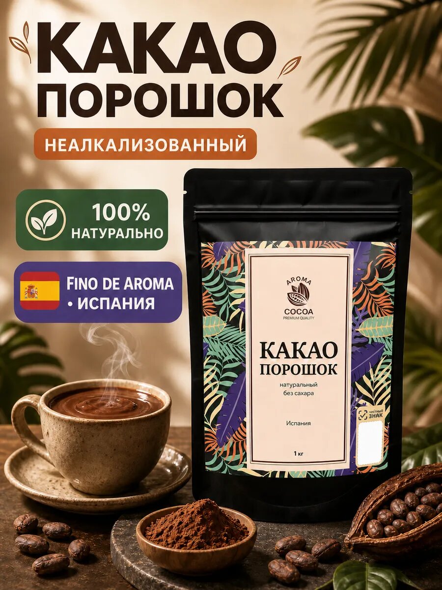 Какао порошок Aroma Cocoa натуральный без сахара 1 кг