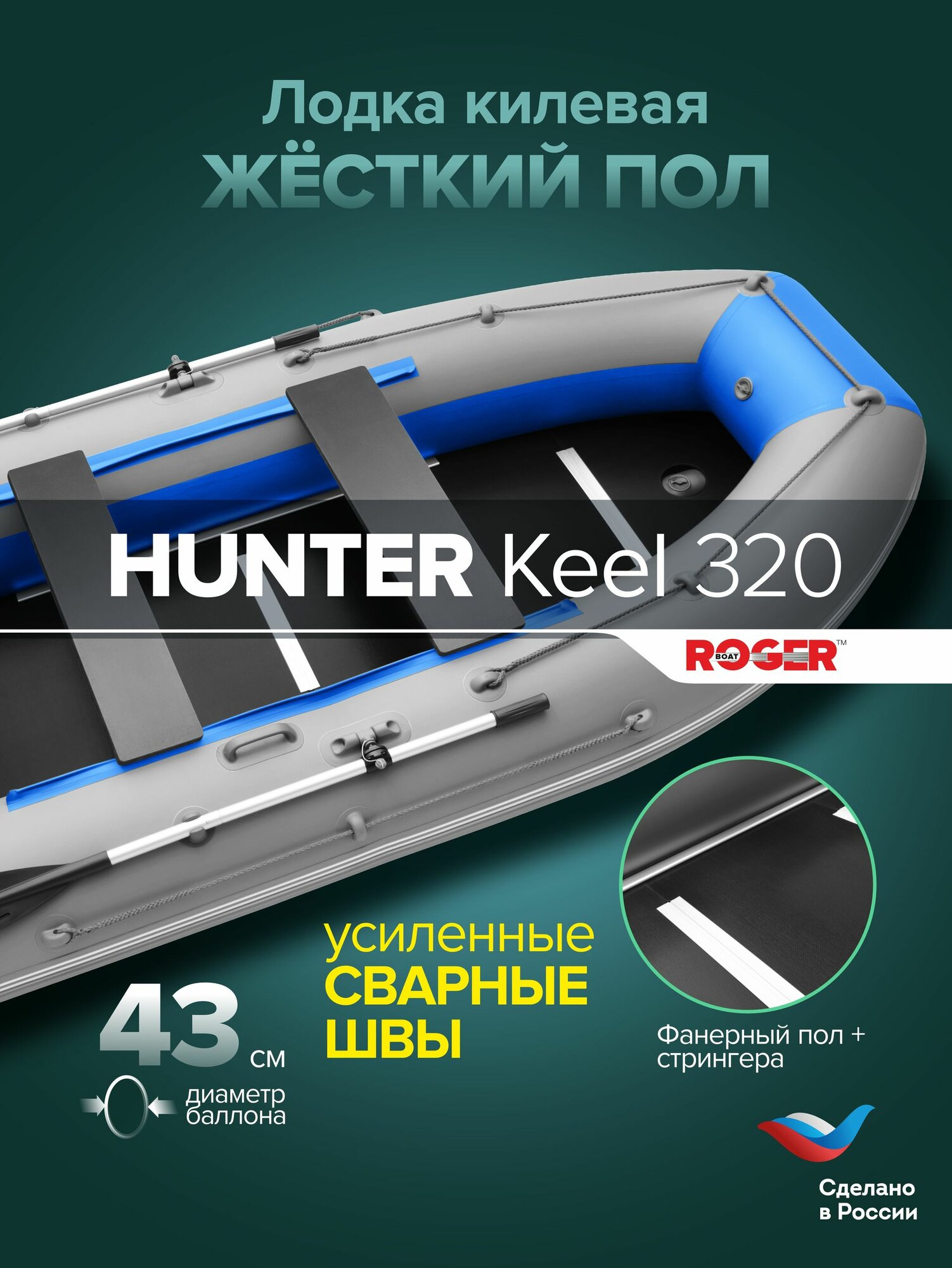 Лодка ПВХ под мотор ROGER Hunter Keel 320, надувная для рыбалки с жестким полом (Серый-синий)