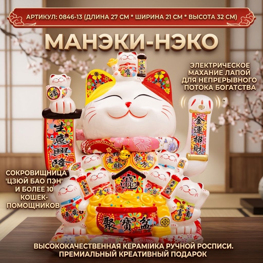 Маятник "Манеки Нэко", кот машущий лапой. 32 см. керамика