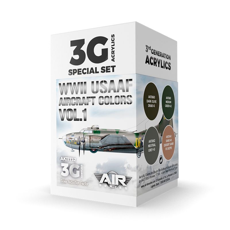 Набор красок AK Interactive - WWII USAAF Aircraft Colors Vol.1 Set 3G, 4 краски