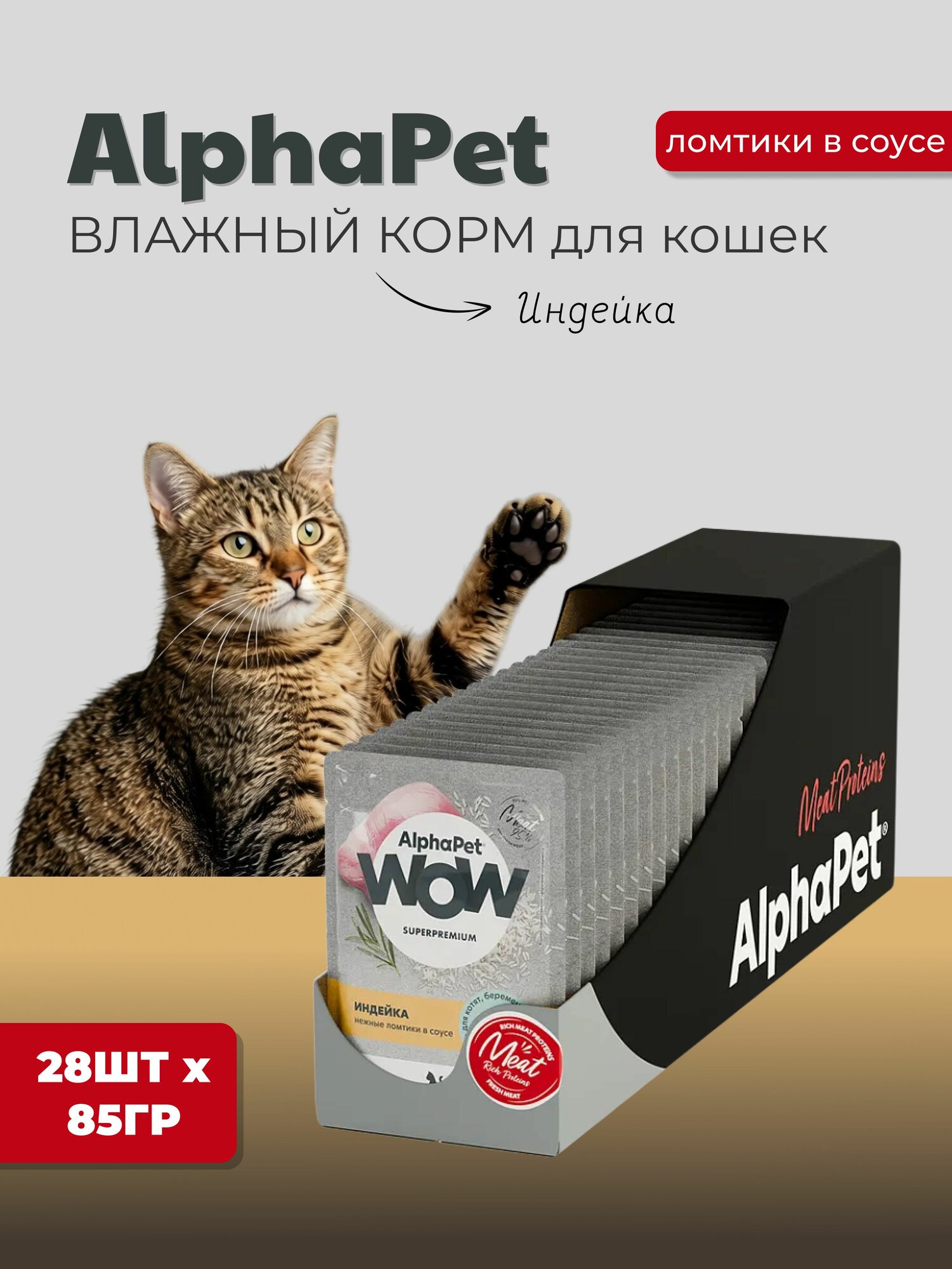 AlphaPet WOW Superpremium Влажный полнорационный корм для котят, беременных и кормящих кошек индейка нежные ломтики в соусе 28шт х 85гр