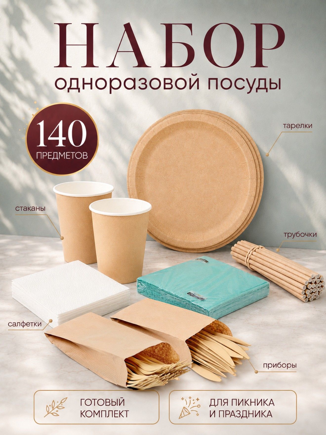 Набор бумажной посуды Крафт / 20 персон / 140 предметов