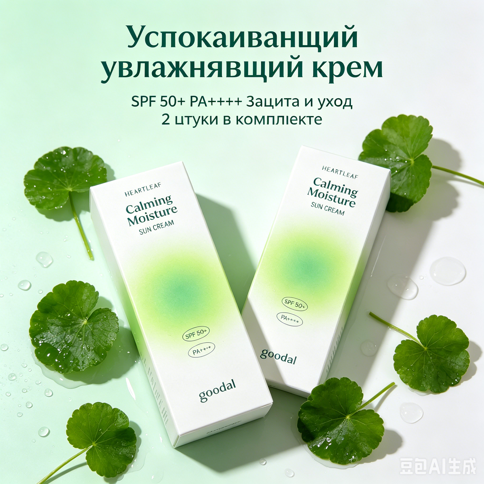 GOODAL Солнцезащитный крем SPF 50 PA++++ с хауттюйнией HOUTTUYNIA CORDATA CALMING MOISTURE SUN CREAM 50 мл.2 шт.