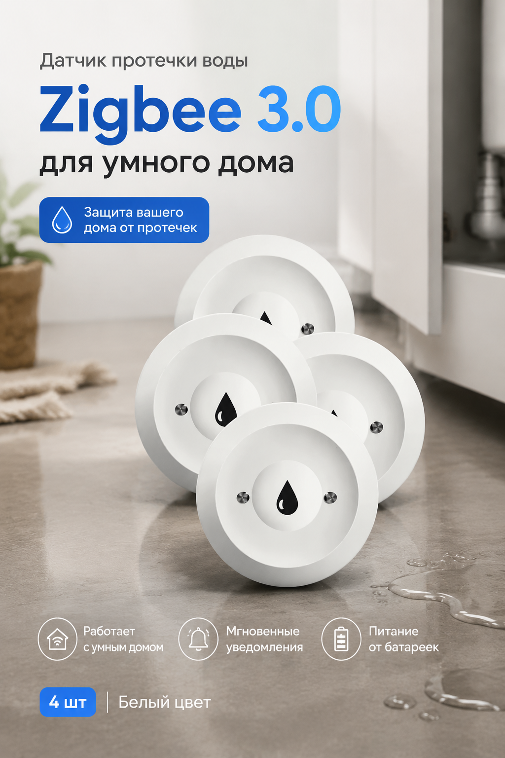 Датчик протечки воды Zigbee 3 0 для умного дома 4 шт белый