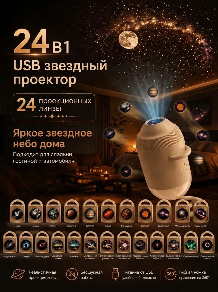 Ночник с проекцией звездного неба, мини проектор с 24 слайдами на потолок, USB, 2 режима