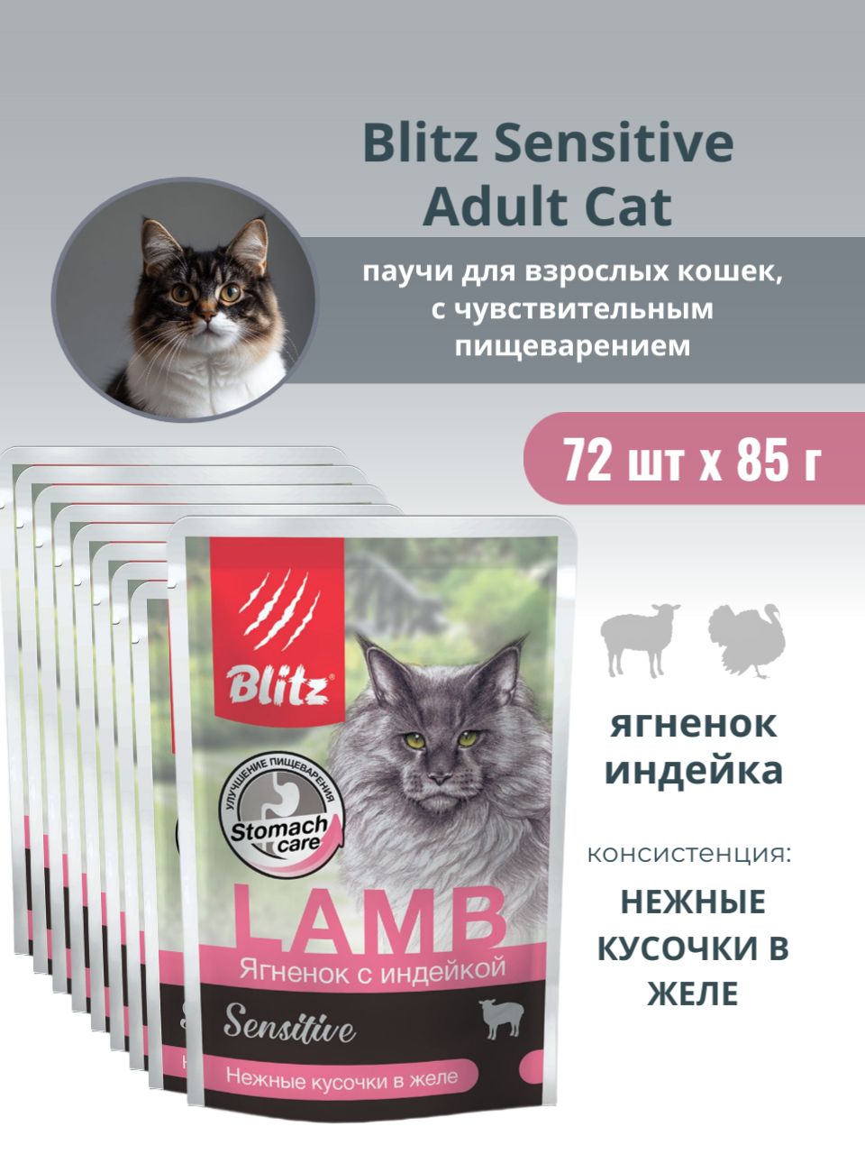 BLITZ консервированный влажный корм Sensitive Adult Cat для кошек всех пород (ягнёнок с индейкой) полнорационный, 3 упаковки (72 шт по 85 г)