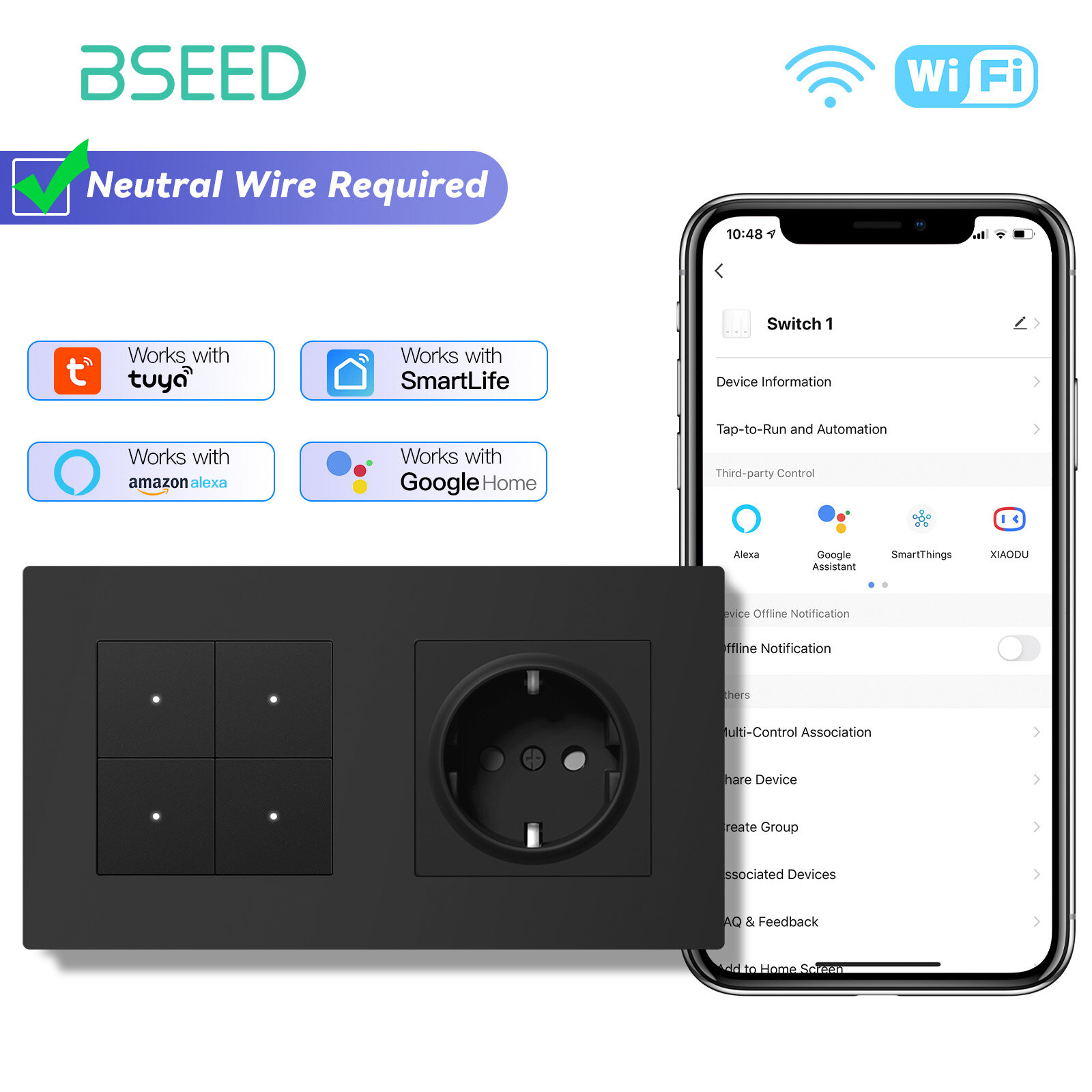 Умный выключатель с розеткой c Алисой WIFI, Легко нажать, Пластиковая рамка, Серия E - CLICK