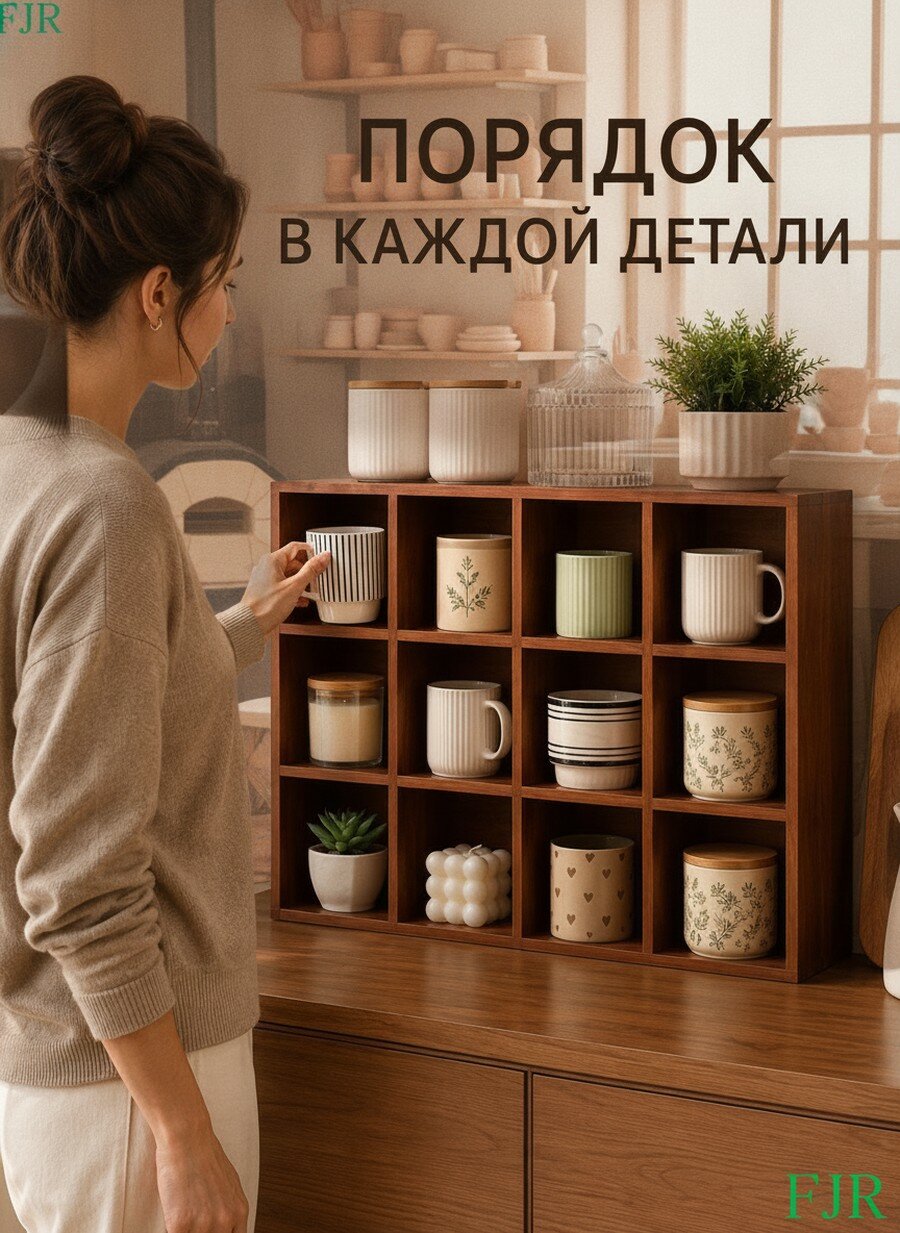 Настольная угловая полка-органайзер из дерева с 12 ячейками для кухни и дома, размер 51x39x8.5 см, коричневый цвет