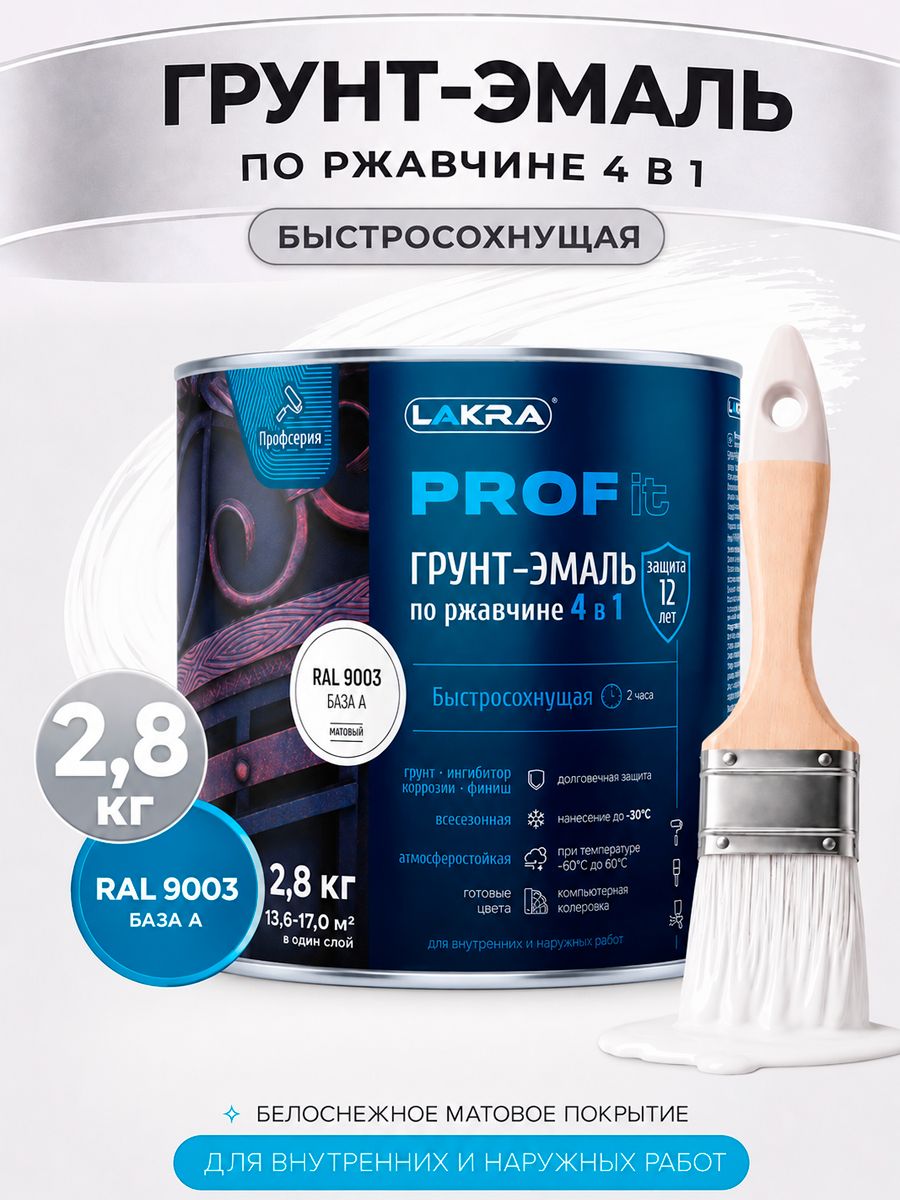 Краска по металлу и ржавчине грунт-эмаль 4в1 быстросохнущая PROF IT База А, RAL 9003 лакра 2,8кг