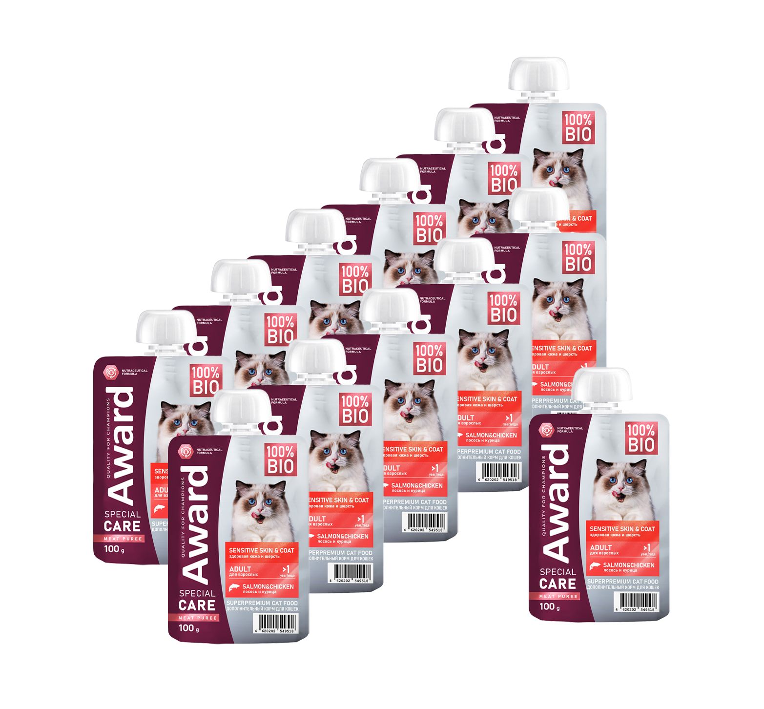 Влажный дополнит. корм AWARD SPECIAL CARE Sensitive skin&coat "мясное пюре" для взрослых кошек для здоровья кожи и шерсти из курицы с лососем 100 г x 12 шт.