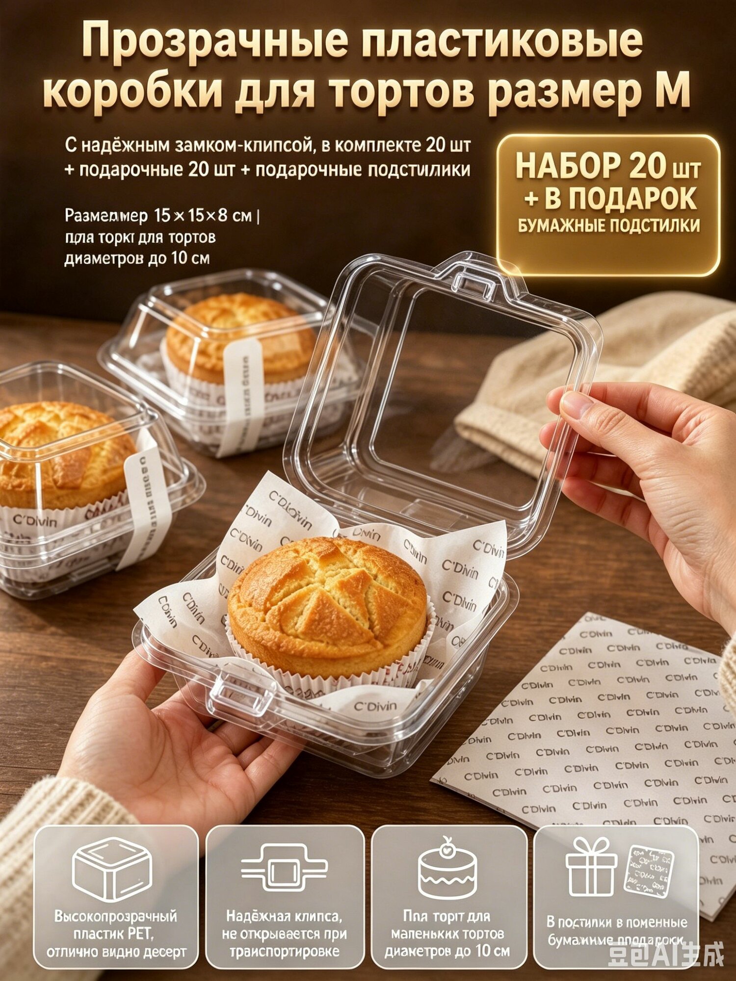 Коробка для бенто торта 10.5 см х 10.5 см х 8 см 20 шт