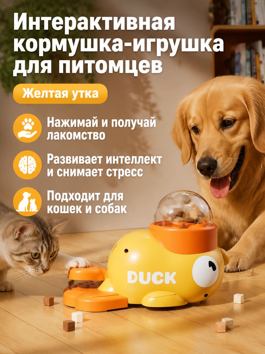 Игрушка-кормушка для кошек и собак с нажимным механизмом, утка, жёлтая, из ABS-пластика, с отсеком для сухого корма