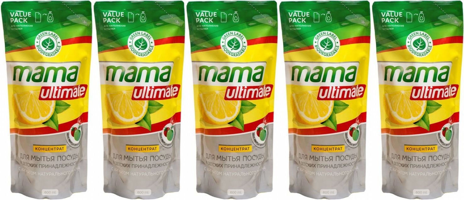 Гель для мытья посуды и детских принадлежностей Mama Ultimate с ароматом натурального лимона, комплект: 5 упаковок по 600 мл