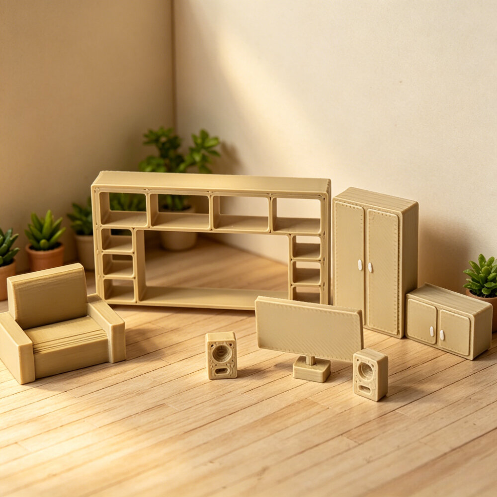 Комплект миниатюрной мебели для кукольного домика масштаб 1:64, неокрашенный набор из 7 предметов (диван, тумба под телевизор, шкаф), цвет абрикосовый