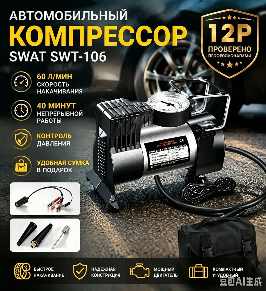 Компрессор автомобильный, 160 Вт, 60 л/мин