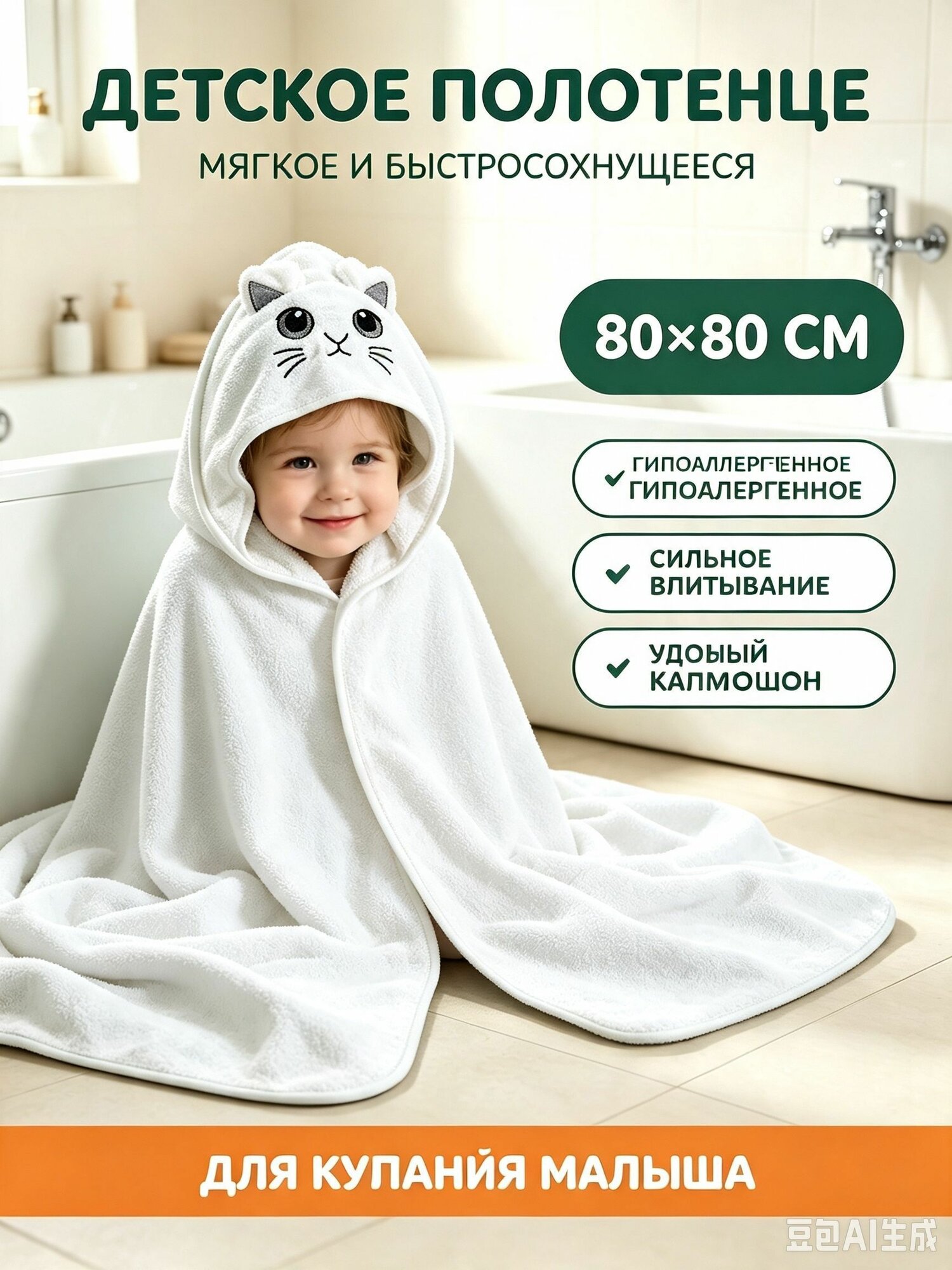 Полотенце детское 80x81 см, махровая ткань, кремовый, 1 шт