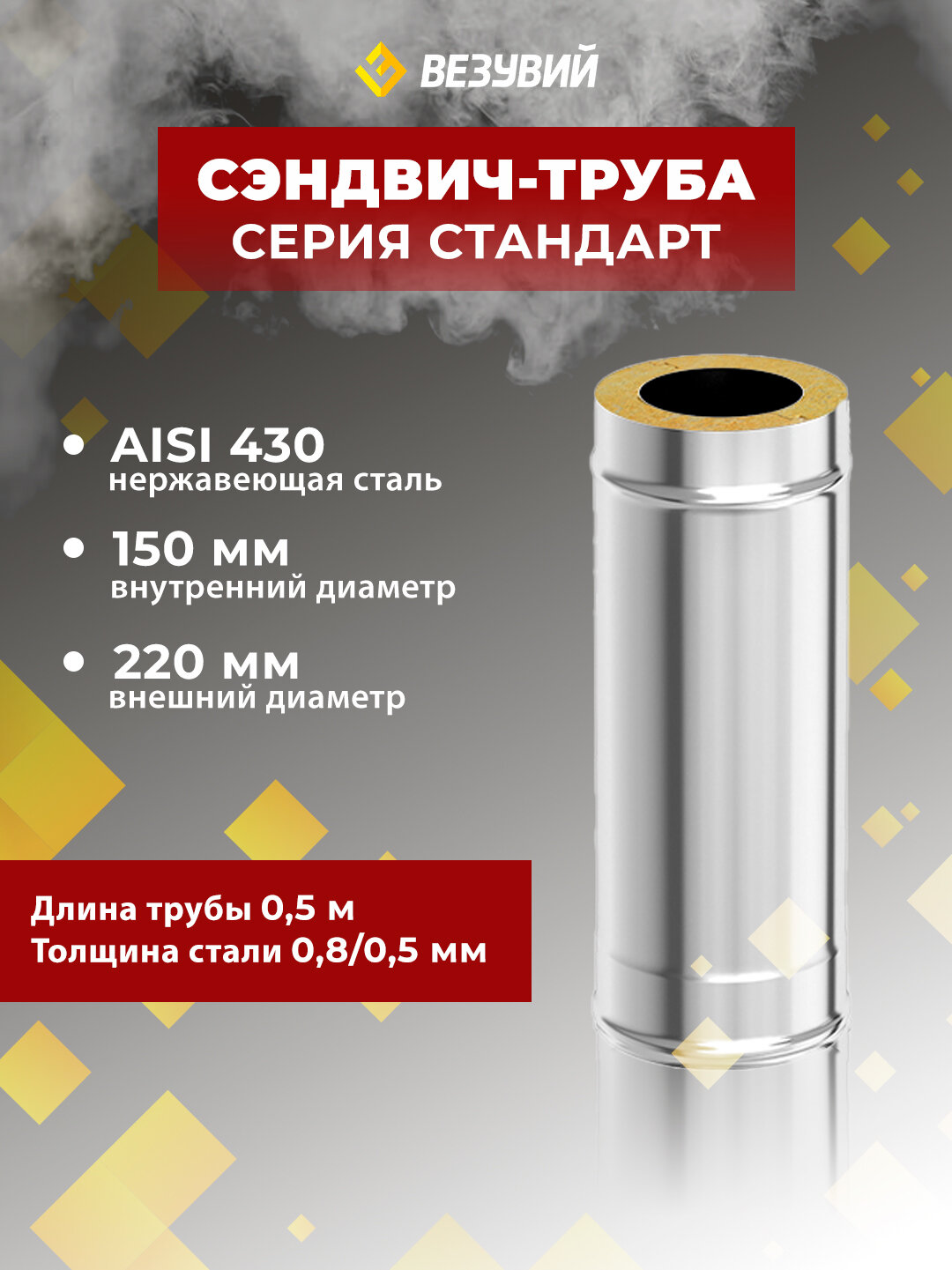 Везувий Сэндвич-труба для дымохода Стандарт Нерж+Нерж (AISI 430/0,8 мм), д. 150х220мм, L-0,5 м