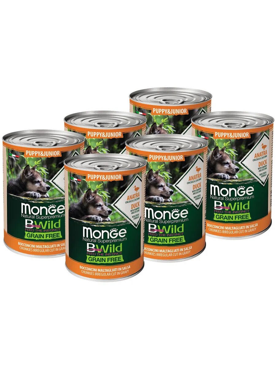 Корм влажный Monge Bwild Puppy & Junior Grain Free беззерновой для щенков, утка, тыква и кабачок, 400 гр х 6 шт