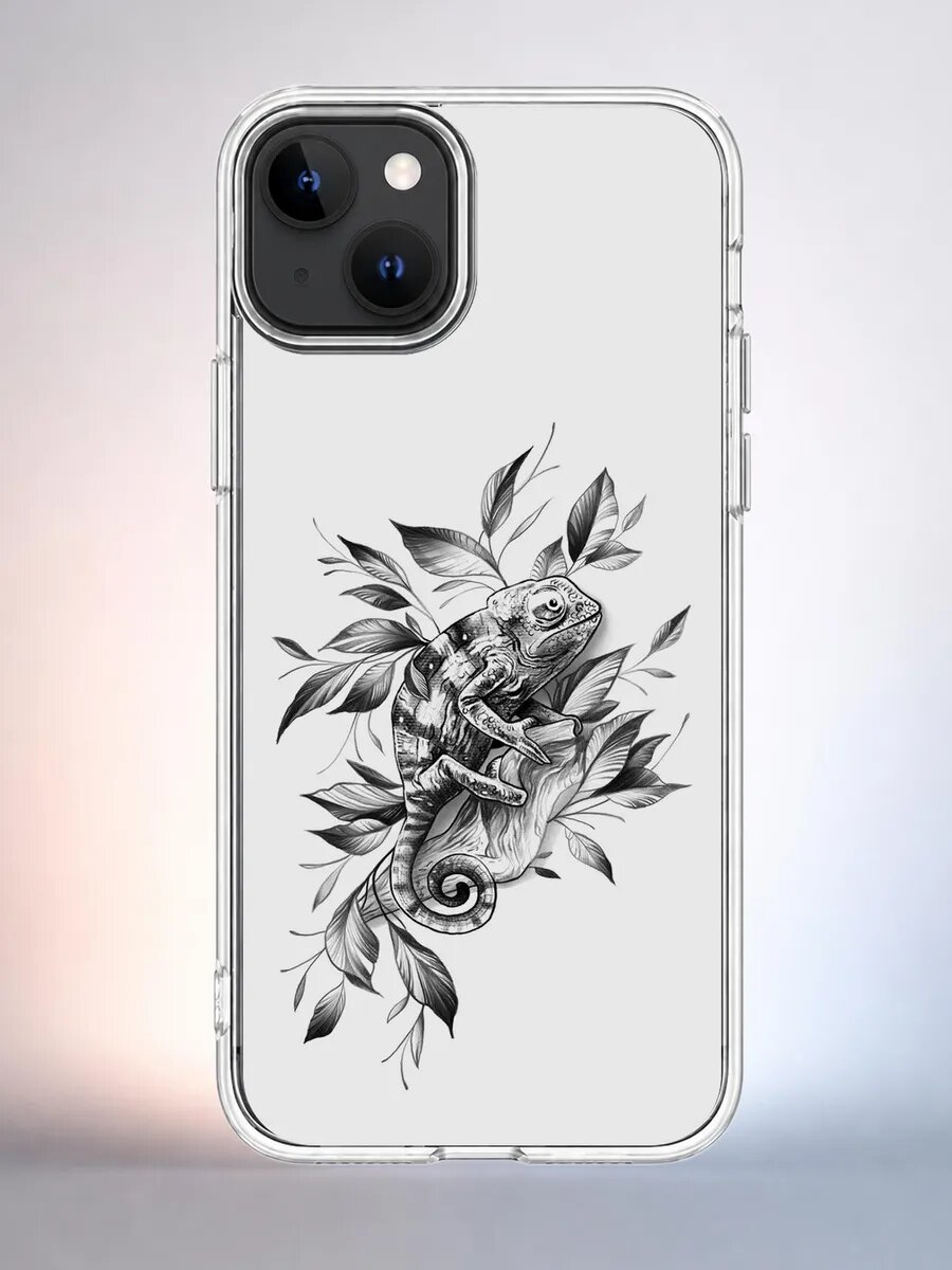 Чехол iPhone 13 хамелеон в листве силиконовый