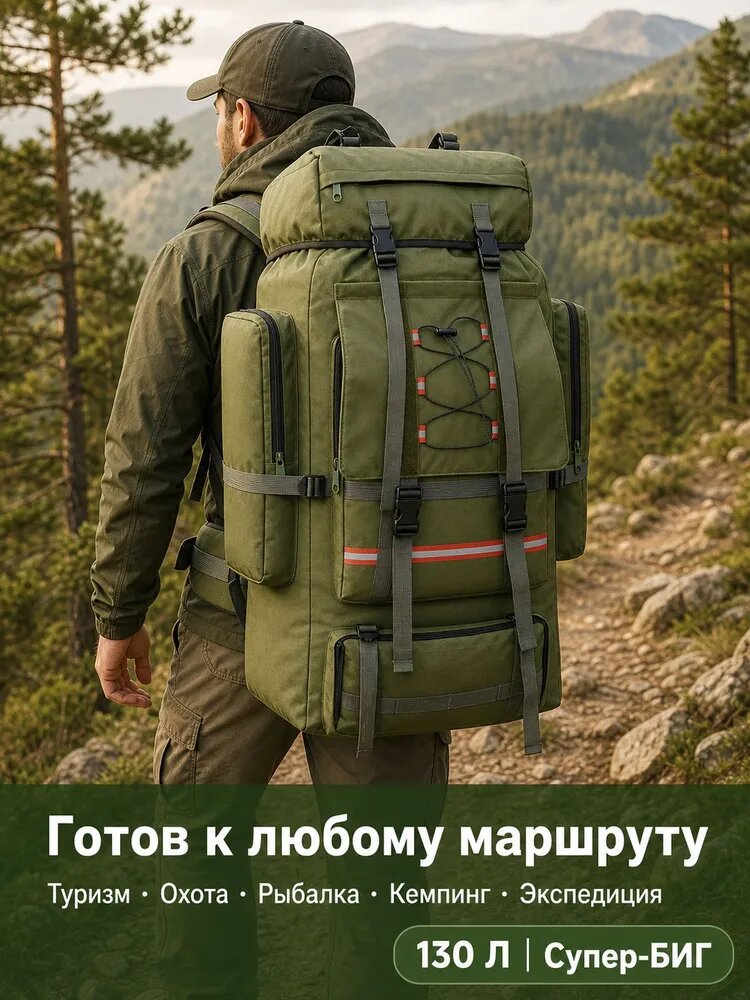 Тактический походный рюкзак 130л, водонепроницаемый Оксфорд 900D, мужской/женский, размер 75+15x40x25 см, зеленый — фото 1