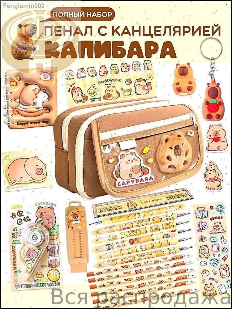 Полный набор канцелярии с пеналом Капибара, для школы и офиса, подарок для детей и подростков