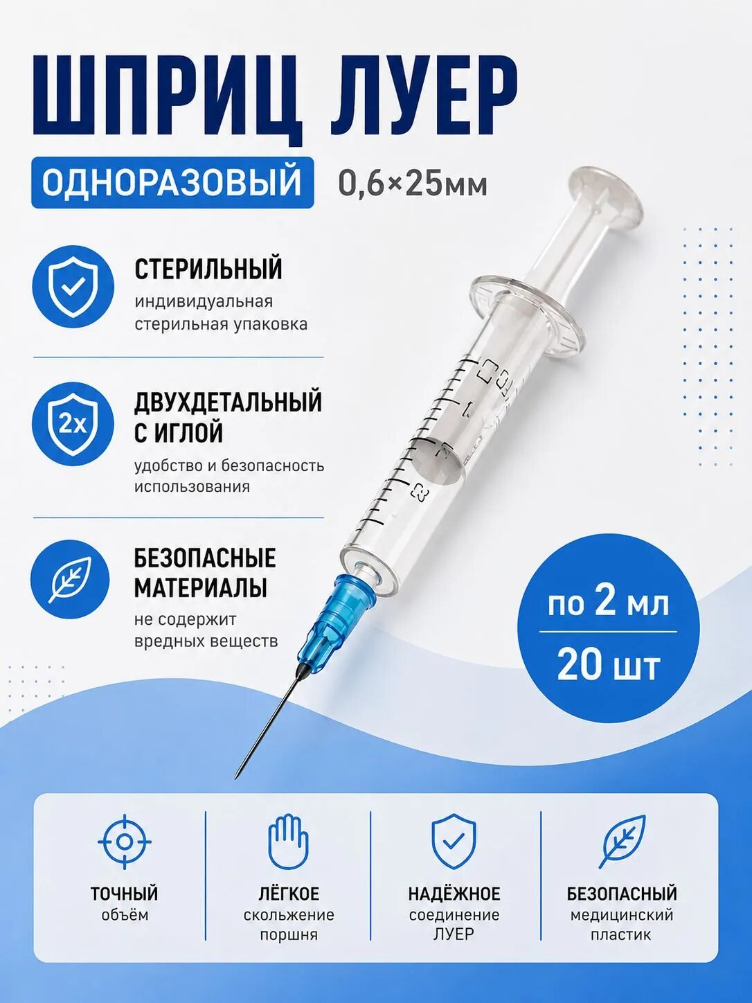 Шприц Луер одноразовый двухдетальный с иглой 0,6*25мм , 2мл, 20 штук