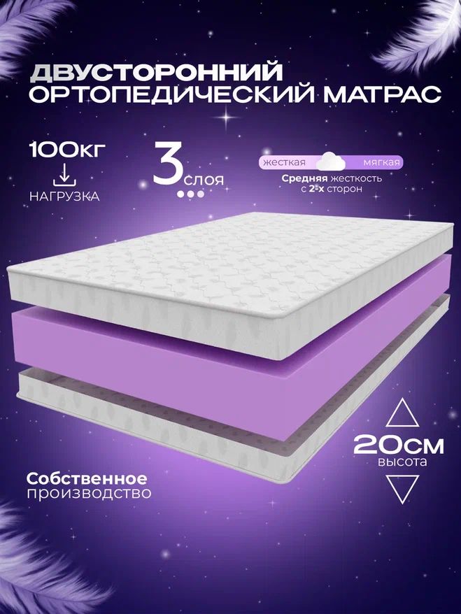 Беспружинный ортопедический матрас 130х195 см VITAFLEX Luх Tricot, ППУ, двусторонний, средняя жесткость, полуторный, в рулоне