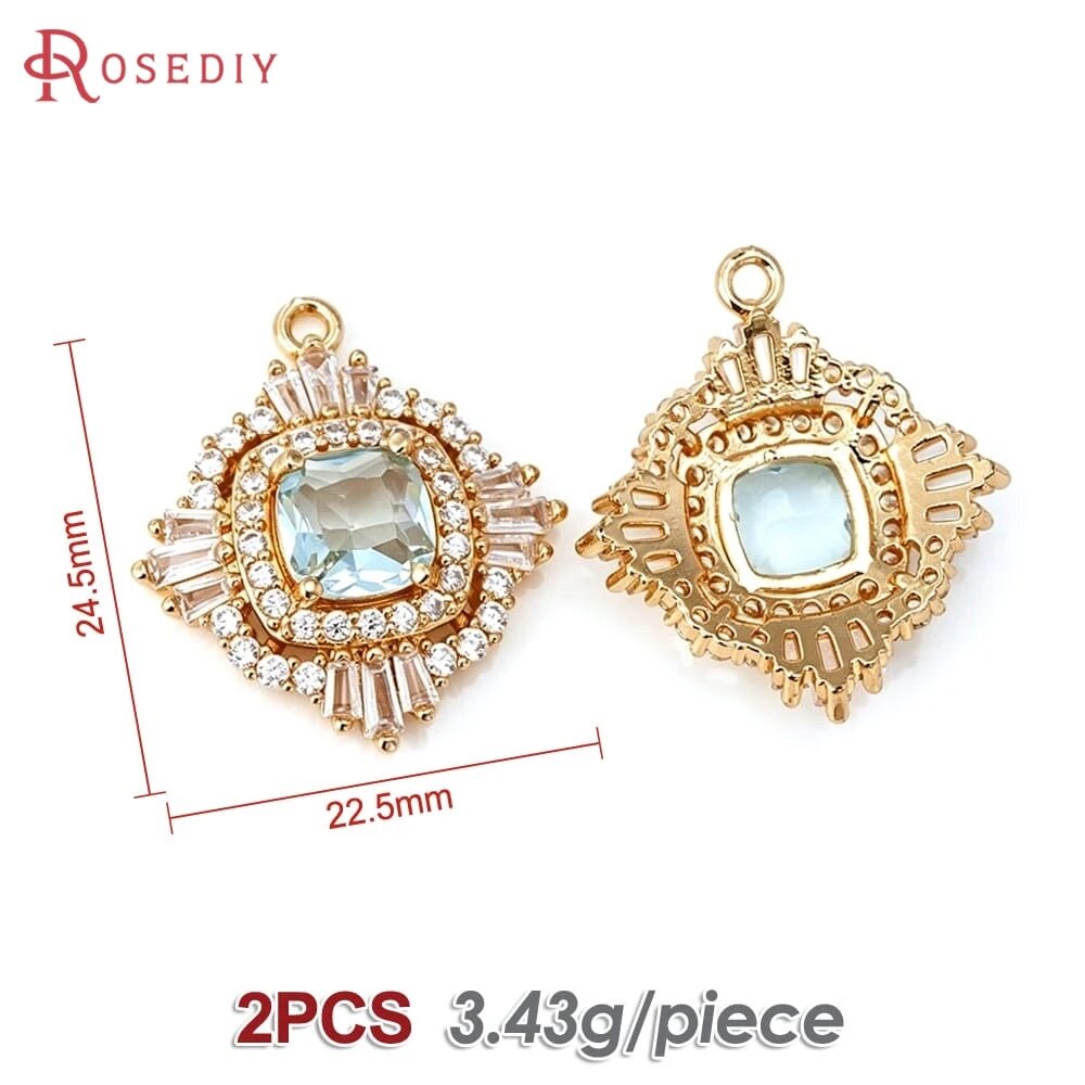Подвески-шармы из латуни с позолотой 18K и цирконием в форме квадрата, 60961Light Lake Blue